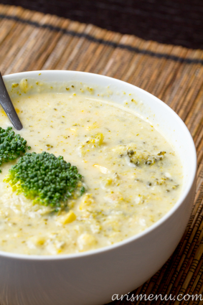 Cheesy Broccoli Soup with Roasted Corn - Ari's Menu